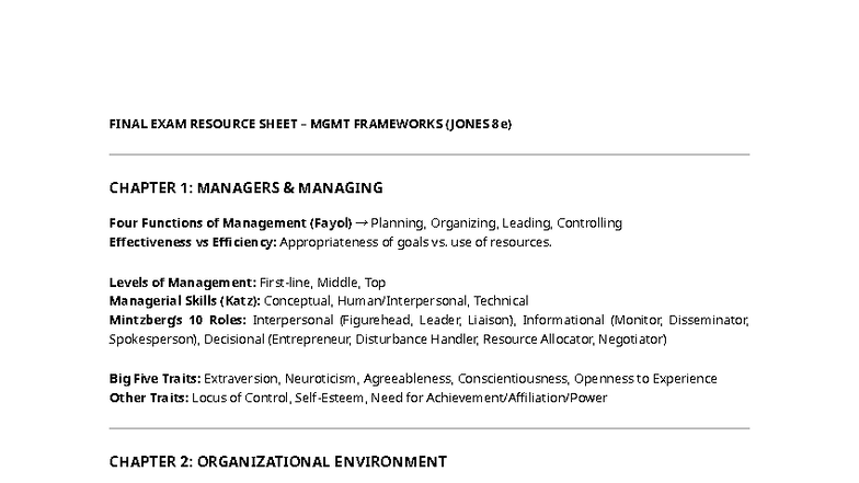 FINAL EXAM RESOURCE SHEET MGMT FRAMEWORKS (JONES 8e) OVERVIEW - Studocu