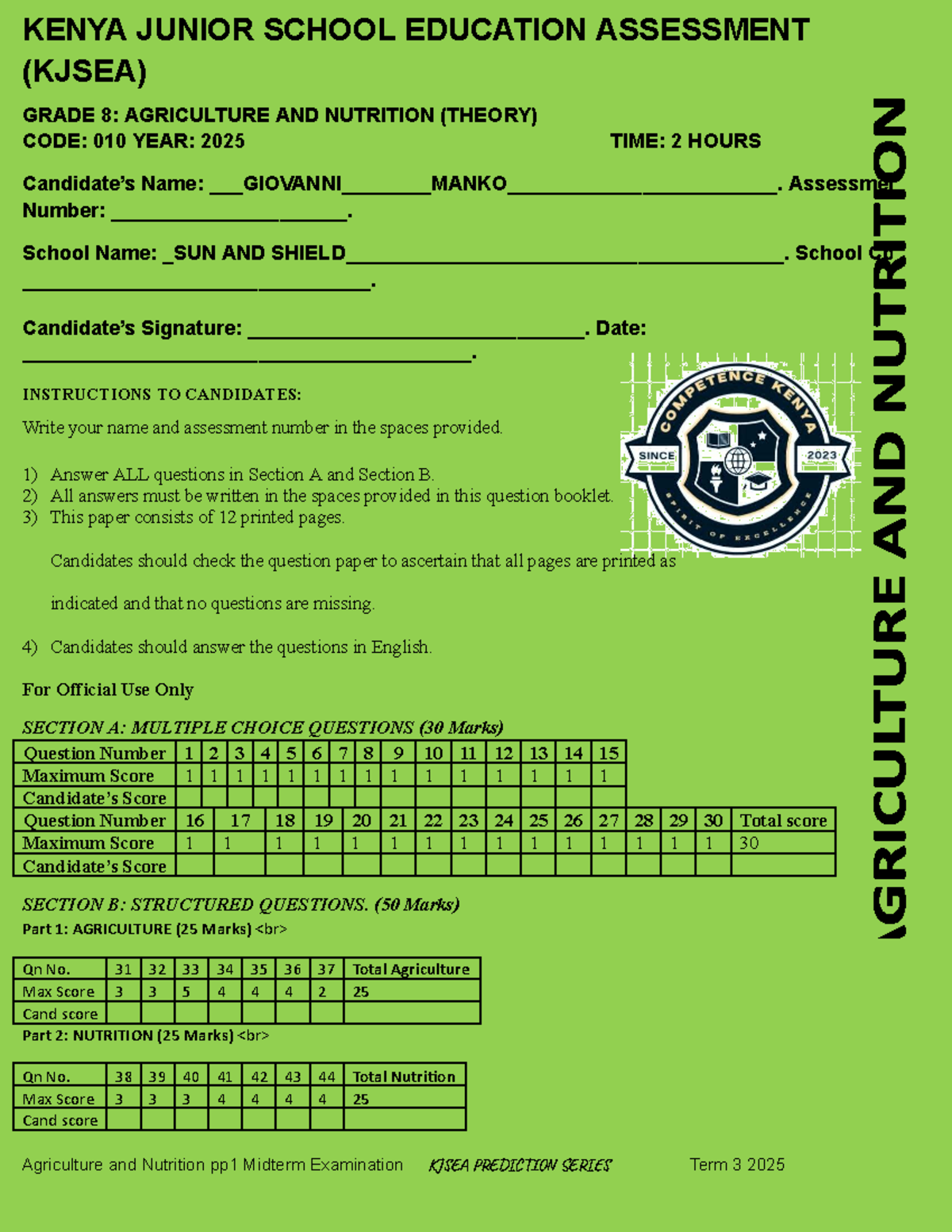 Grade 8 Agriculture & Nutrition Midterm Prediction 2025 - Studocu