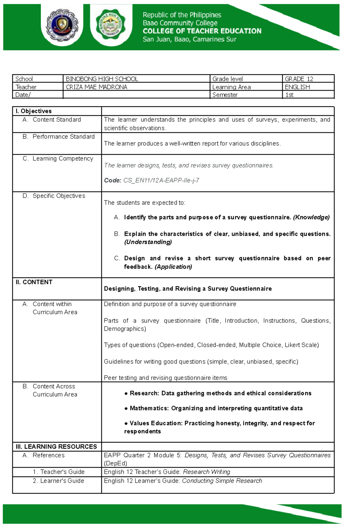 Grade 12 English: Designing & Revising Survey Questionnaires - Studocu