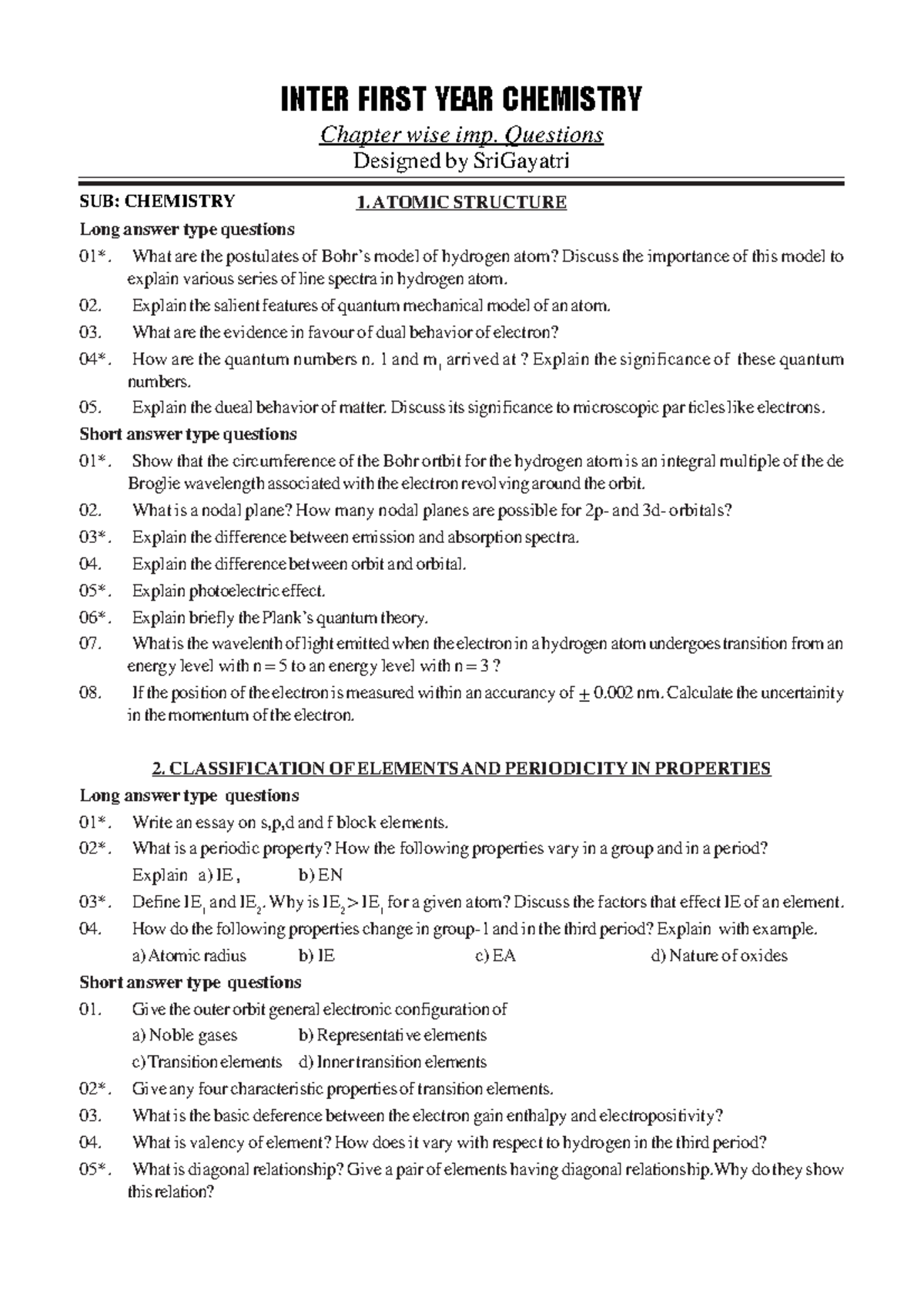 Chemistry Important Questions for 8 & 4 Marks (Inter First Year) - Studocu