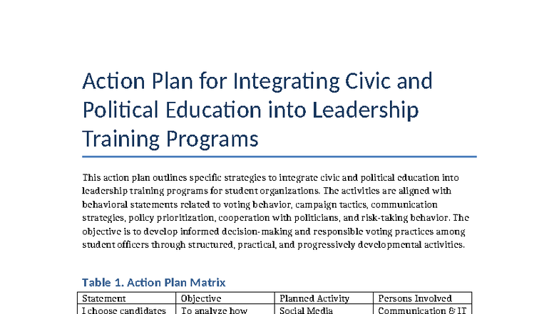 Action Plan for Civic & Political Ed in Leadership Training - Studocu