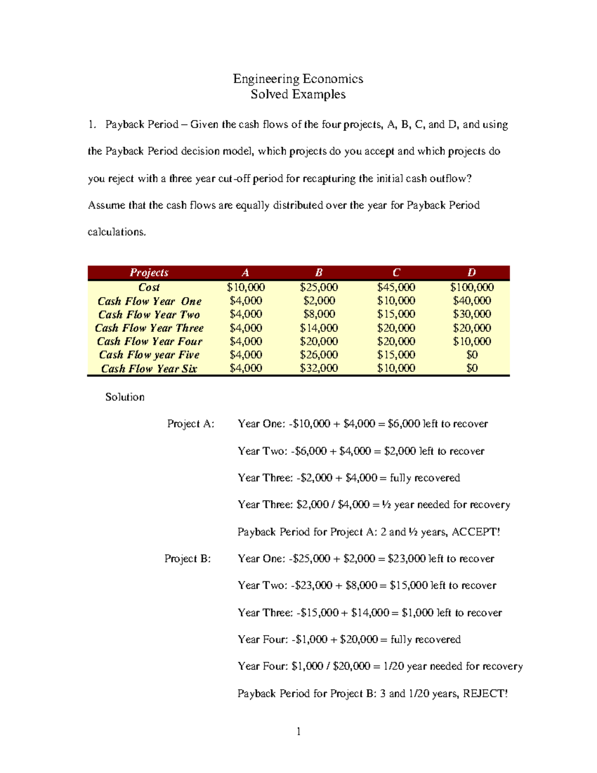 Solved Examples for Engineering Economics: Payback & NPV Analysis - Studocu