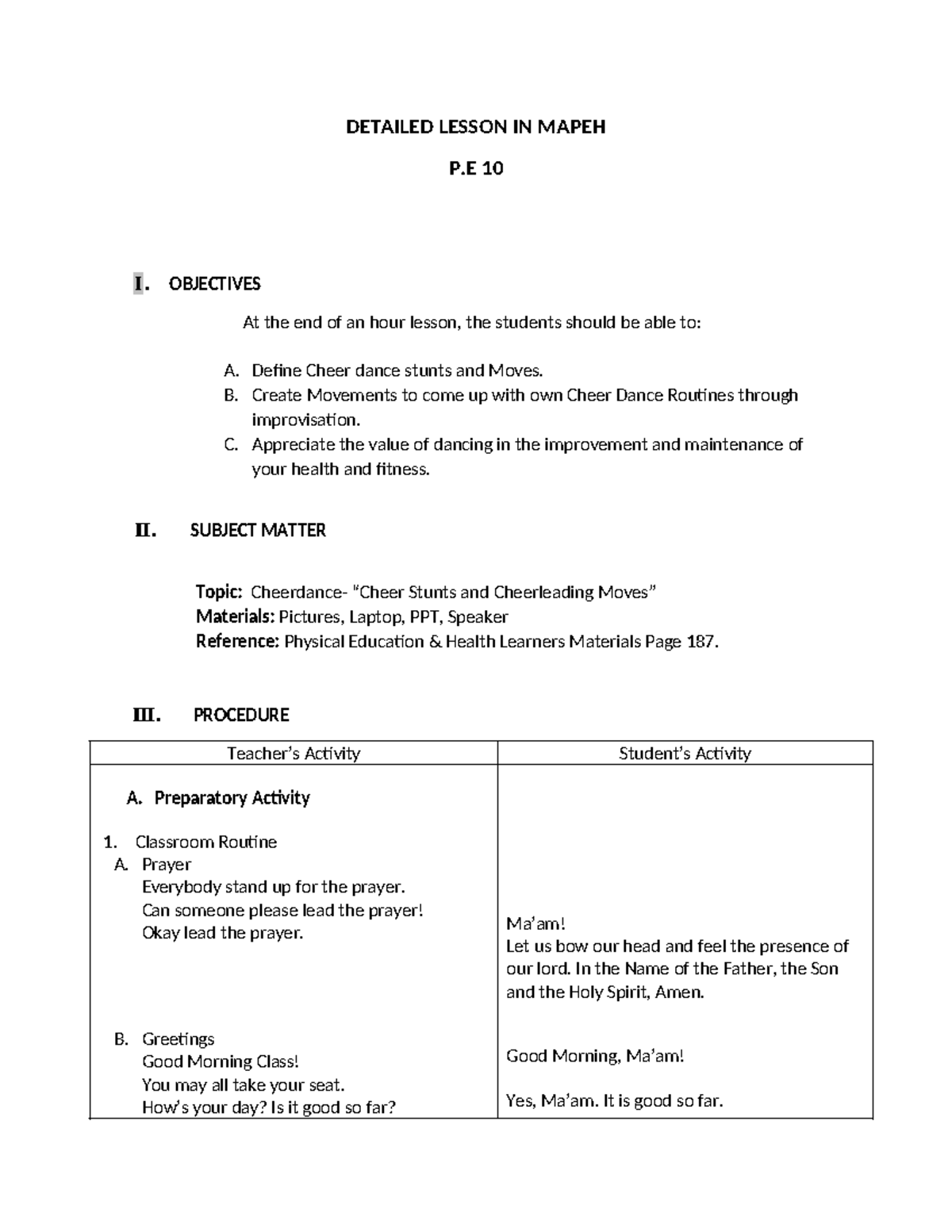 Detailed Lesson Plan in MAPEH P.E. 10: Cheer Dance Stunts & Routines ...