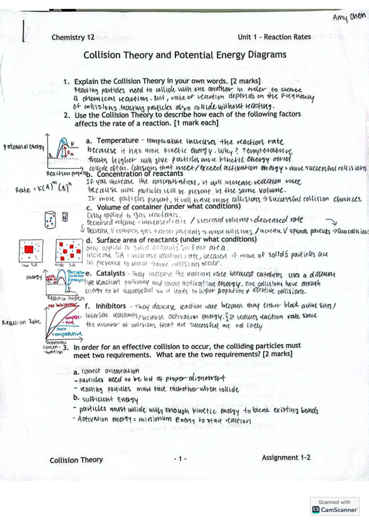 Chemistry 12 Unit 1 Assignment: Collision Theory & Reaction Rates - Studocu