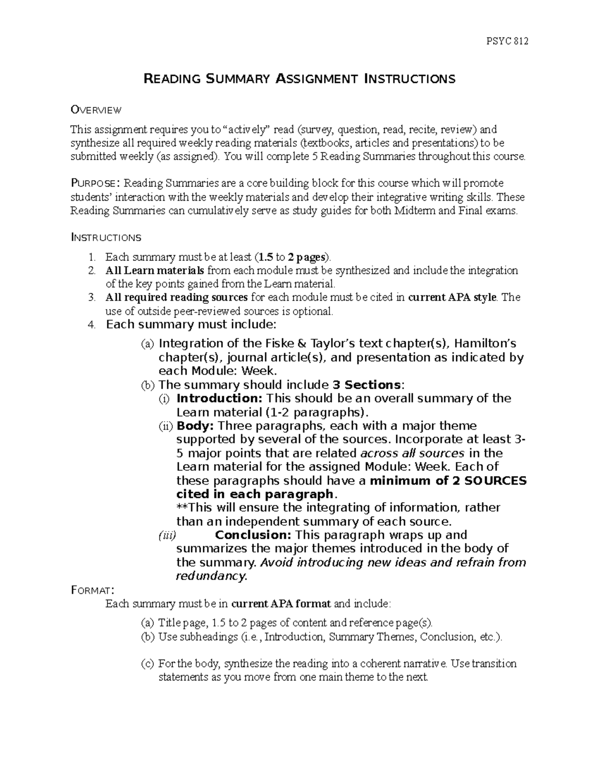 PSYC 812 - Reading Summary Assignment Guidelines and Requirements - Studocu