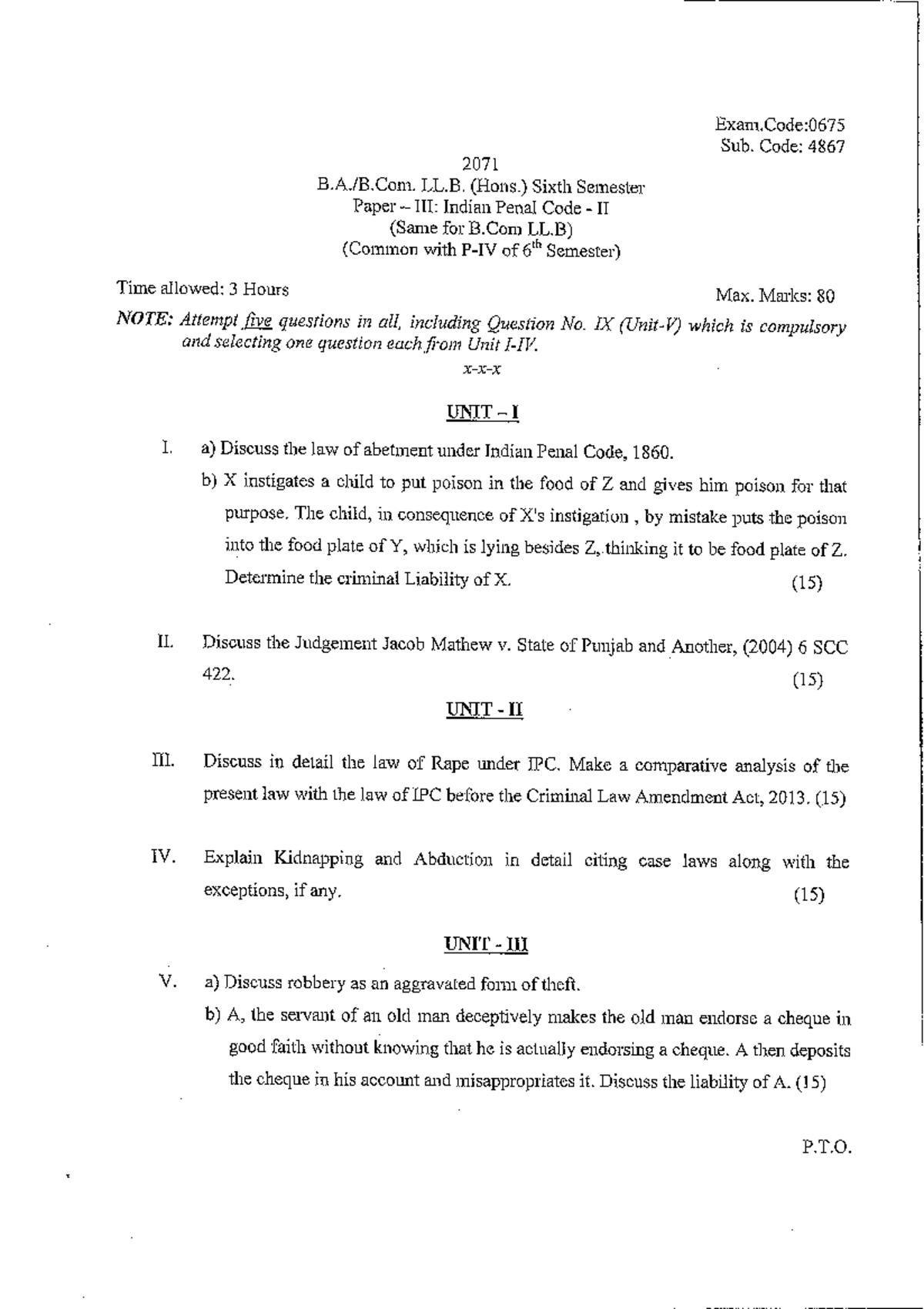 Indian Penal Code II - Exam Notes for LL.B. 0675, 4867 - Studocu