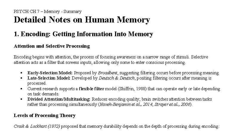 PSYCH 1001 CH 7 - Detailed Summary of Human Memory Processes - Studocu