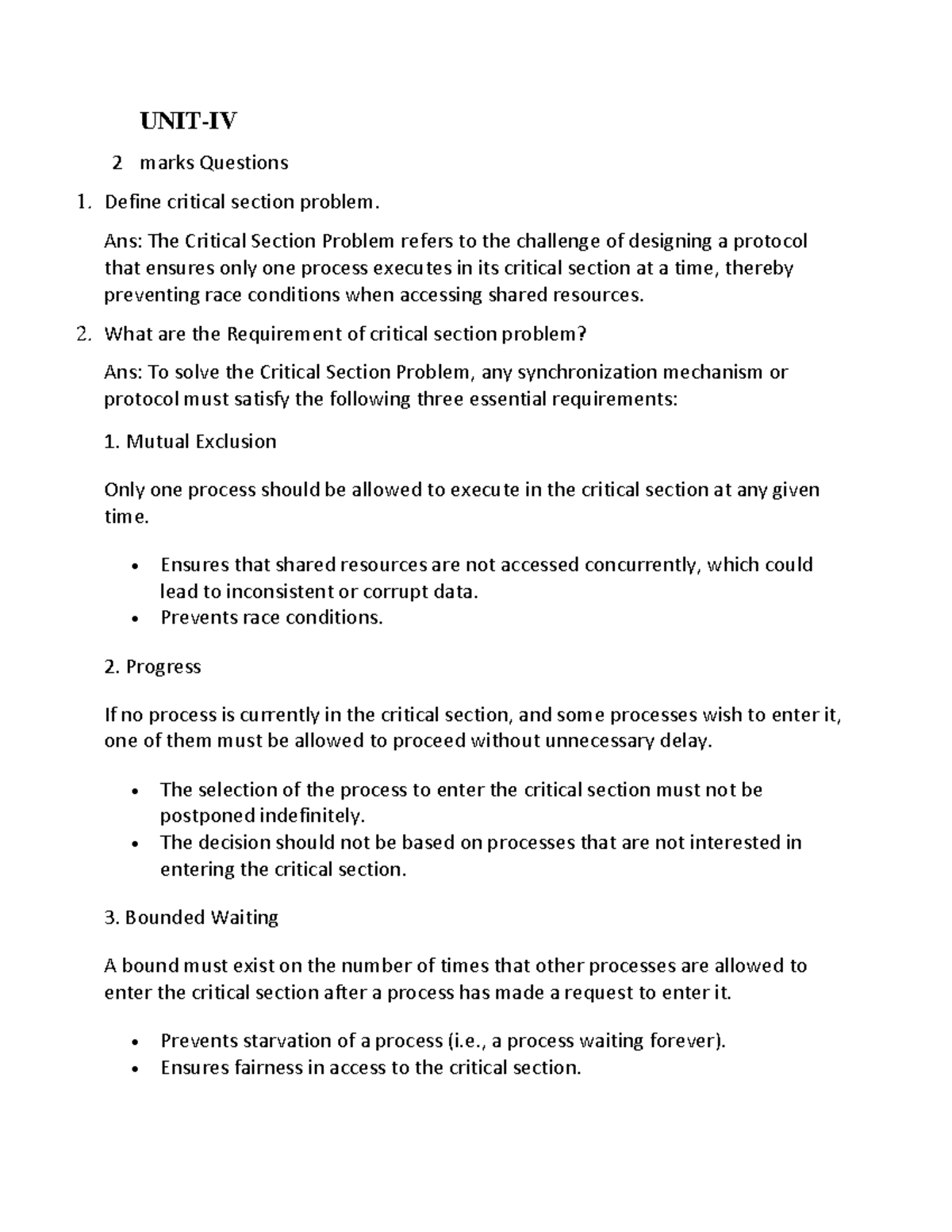 UNIT IV - Critical Section Problem and Synchronization Concepts - Studocu