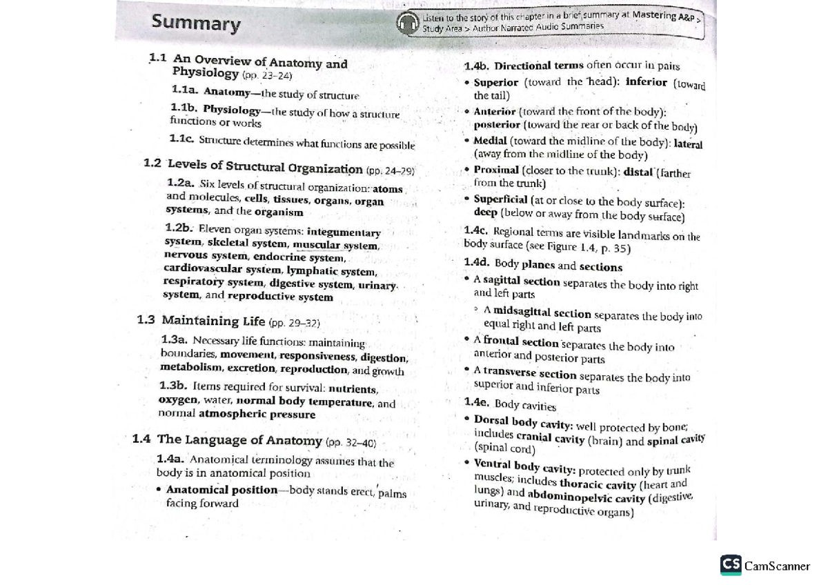 CS Anaphy Notes Summary: Key Concepts in Anatomy and Physiology - Studocu