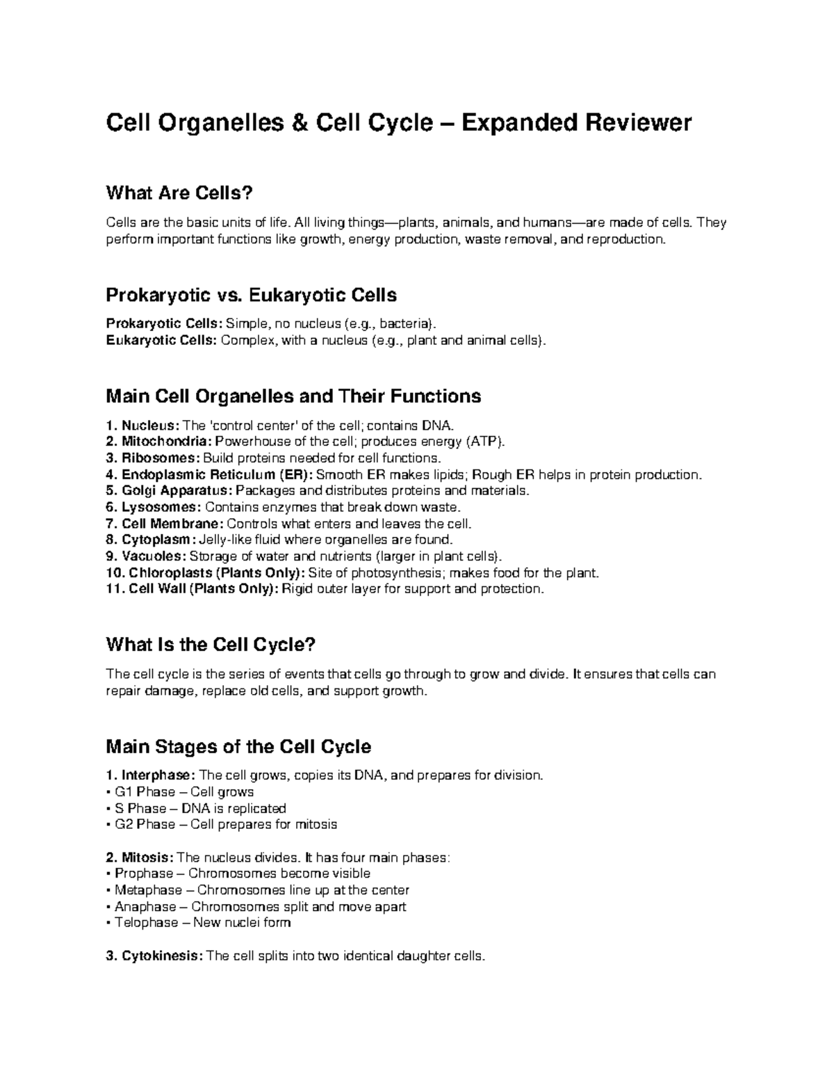 Cell Biology Review: Organelles & Cell Cycle Overview - Studocu