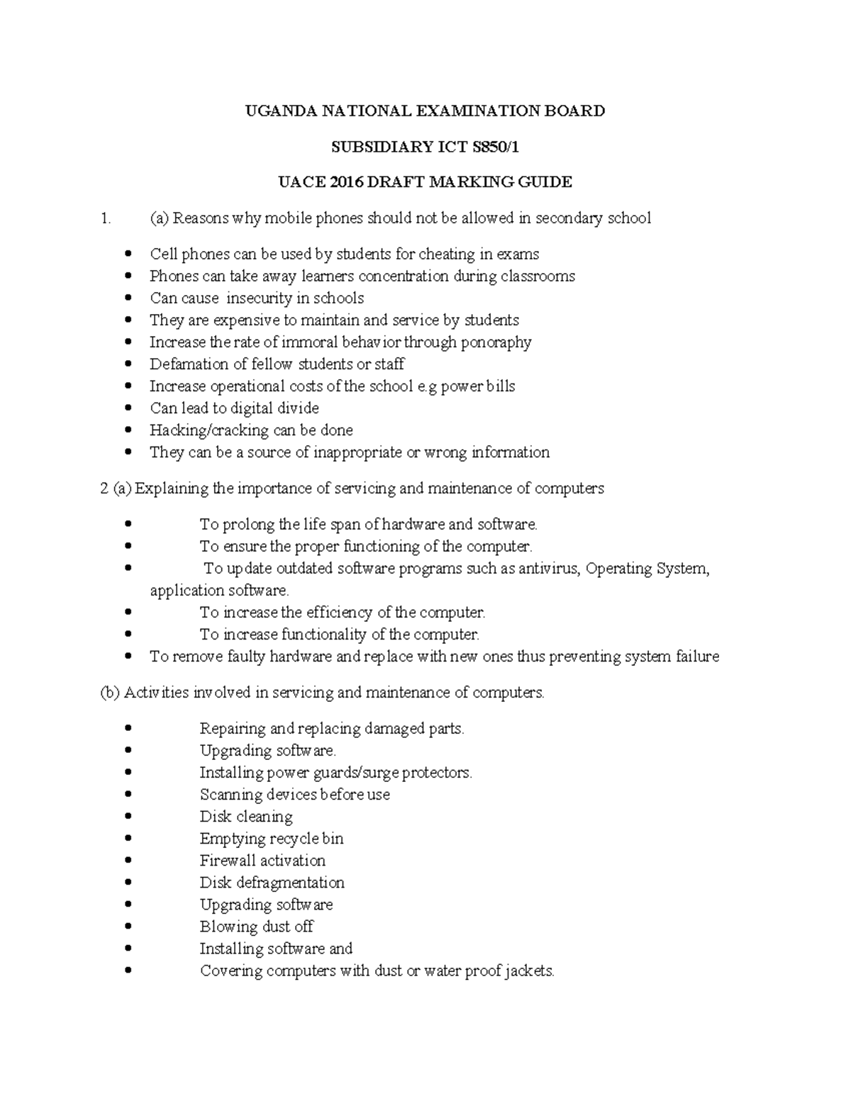 S850 UACE 2016 ICT Questions & Answers Marking Guide - Studocu