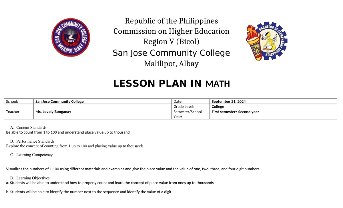 Lesson Plan - MATH 101: Fundamental Ops in Counting & Place Value - Studocu