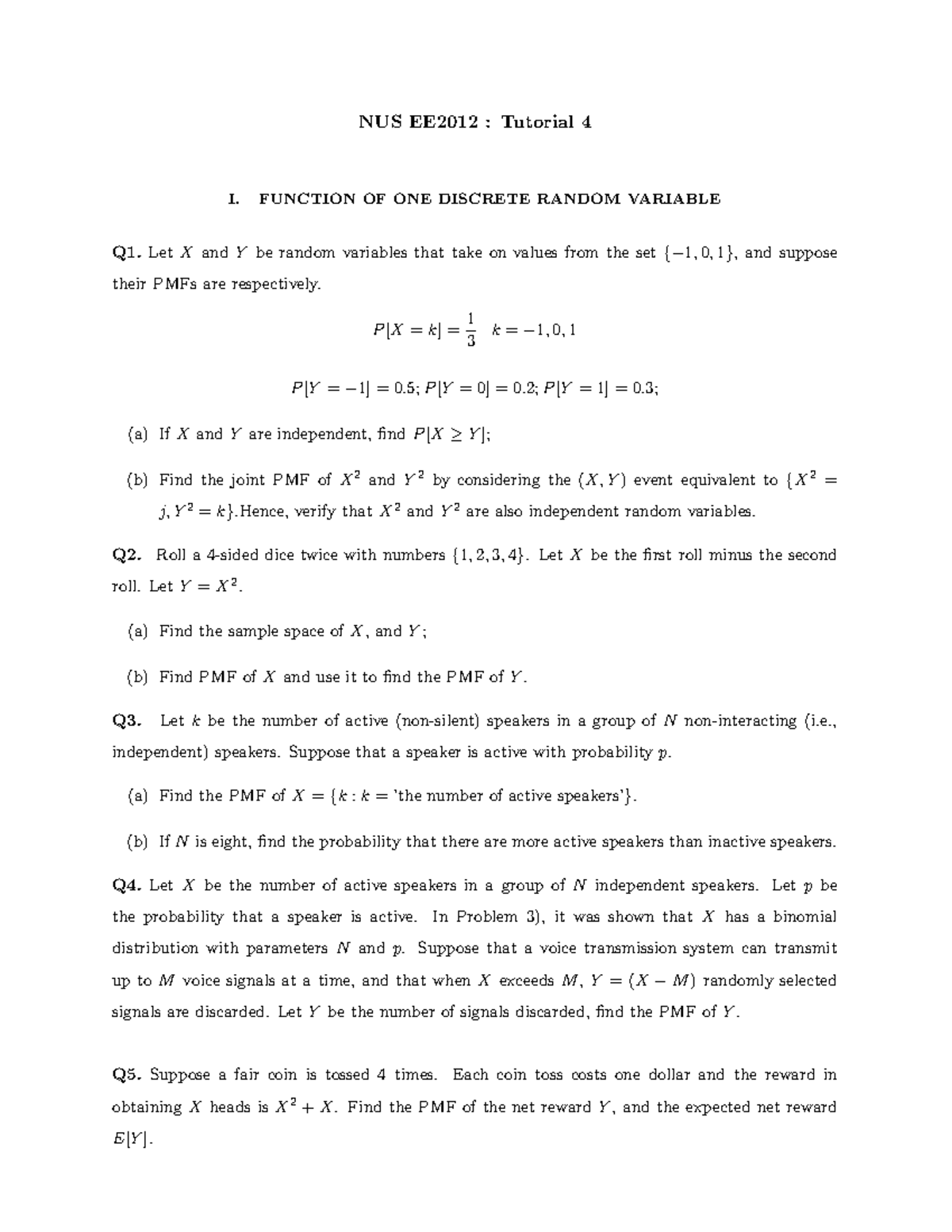 EE2012: Tutorial 4 - Discrete Random Variables and PMFs - Studocu