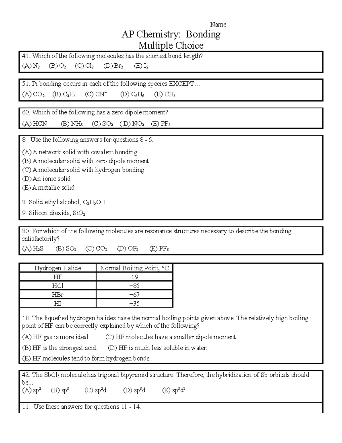 Unit 4 - Bonding (AP MC) - quiz - Name AP Chemistry: Bonding Multiple ...