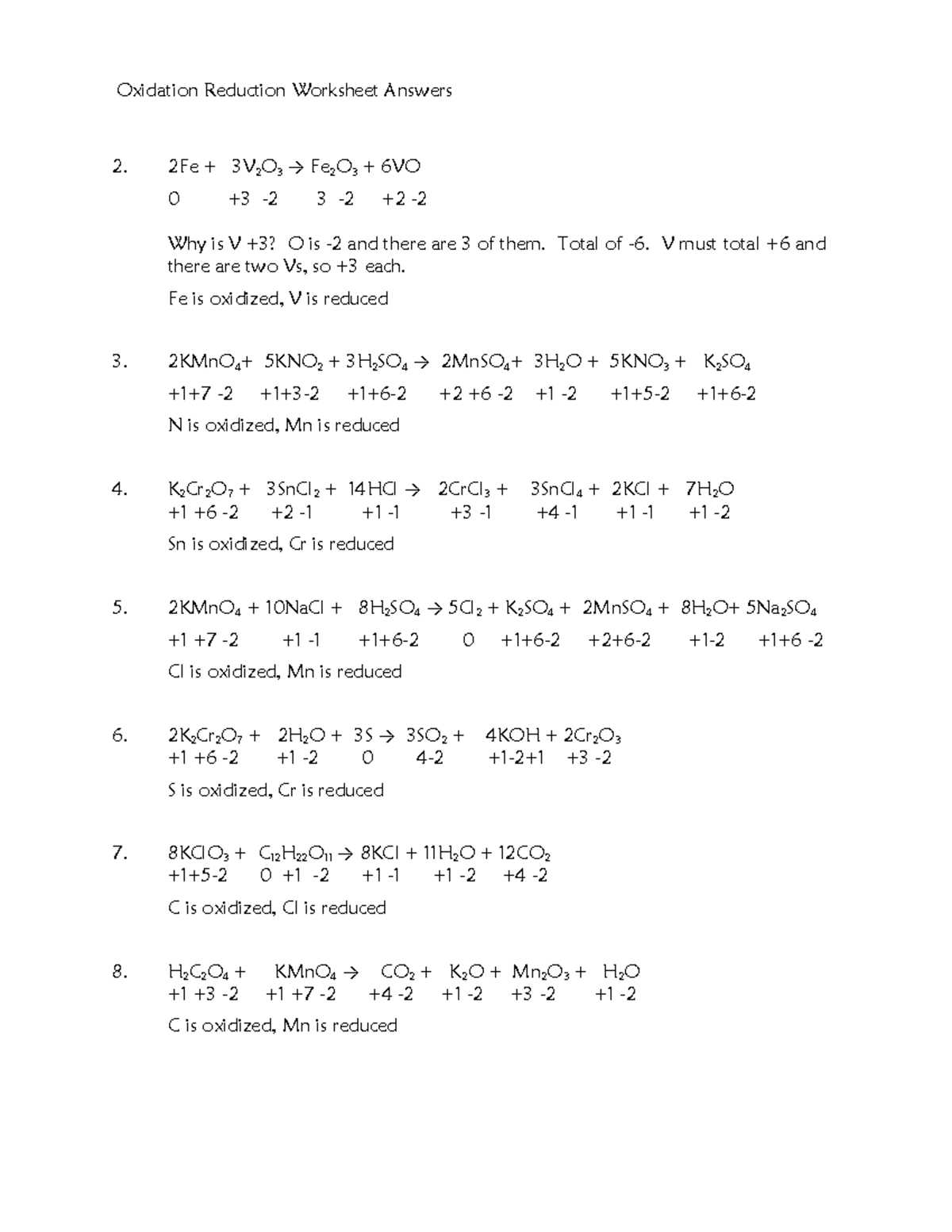 Oxidation Reduction Worksheet Answers - Chemistry 101 - Studocu