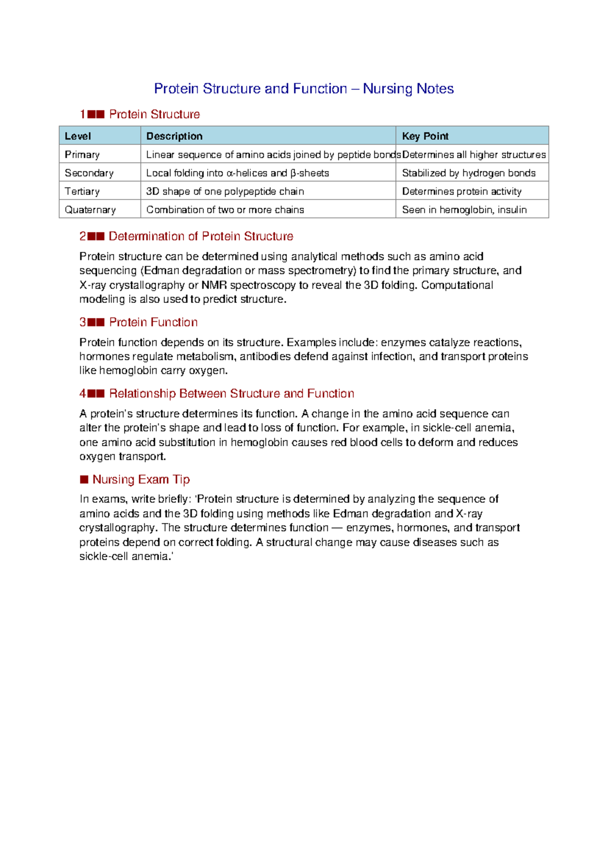 NUR 101: Protein Structure & Function Nursing Notes - Studocu