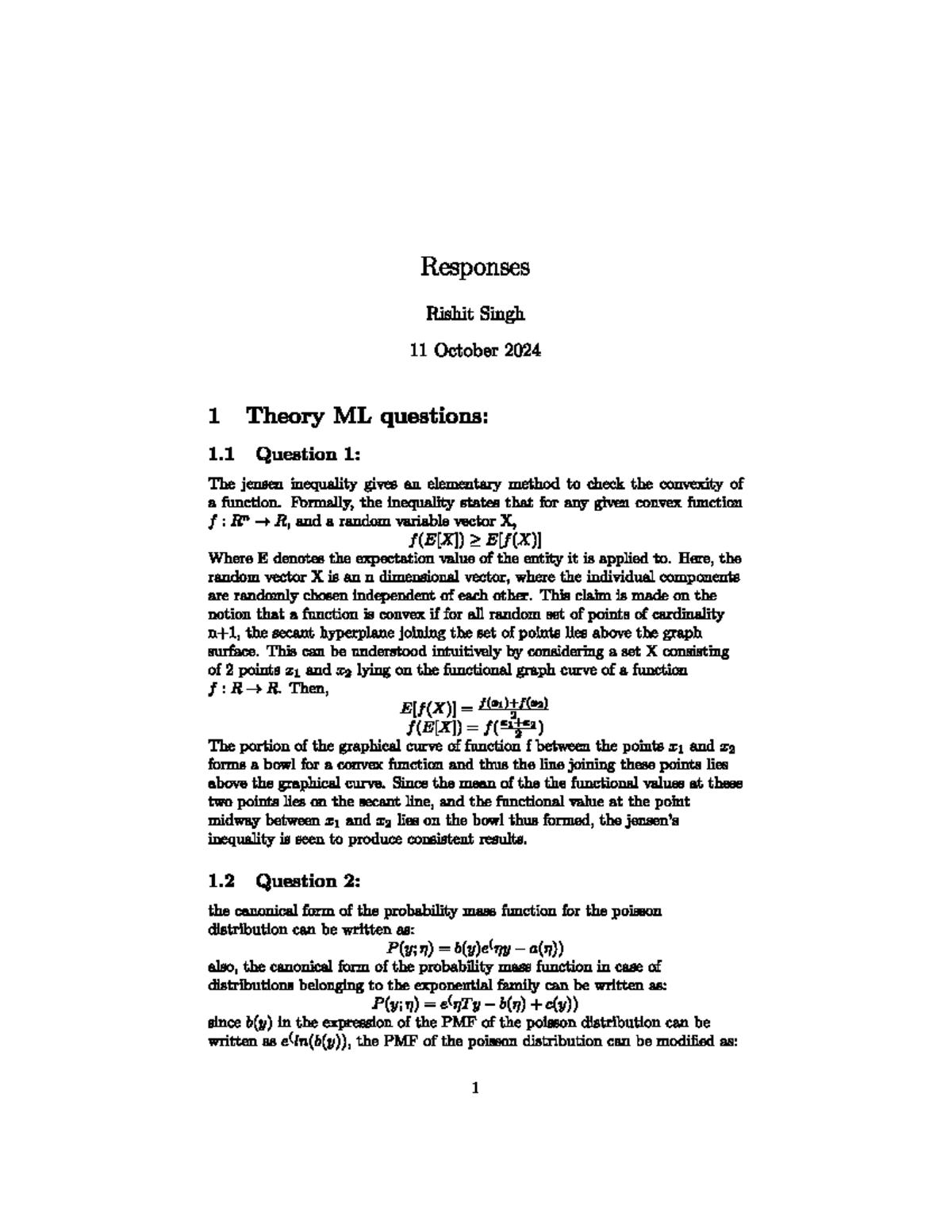 Theoretical ML problem statement answers - Responses Rishit Singh 11 October 2024 1 Theory ML ...