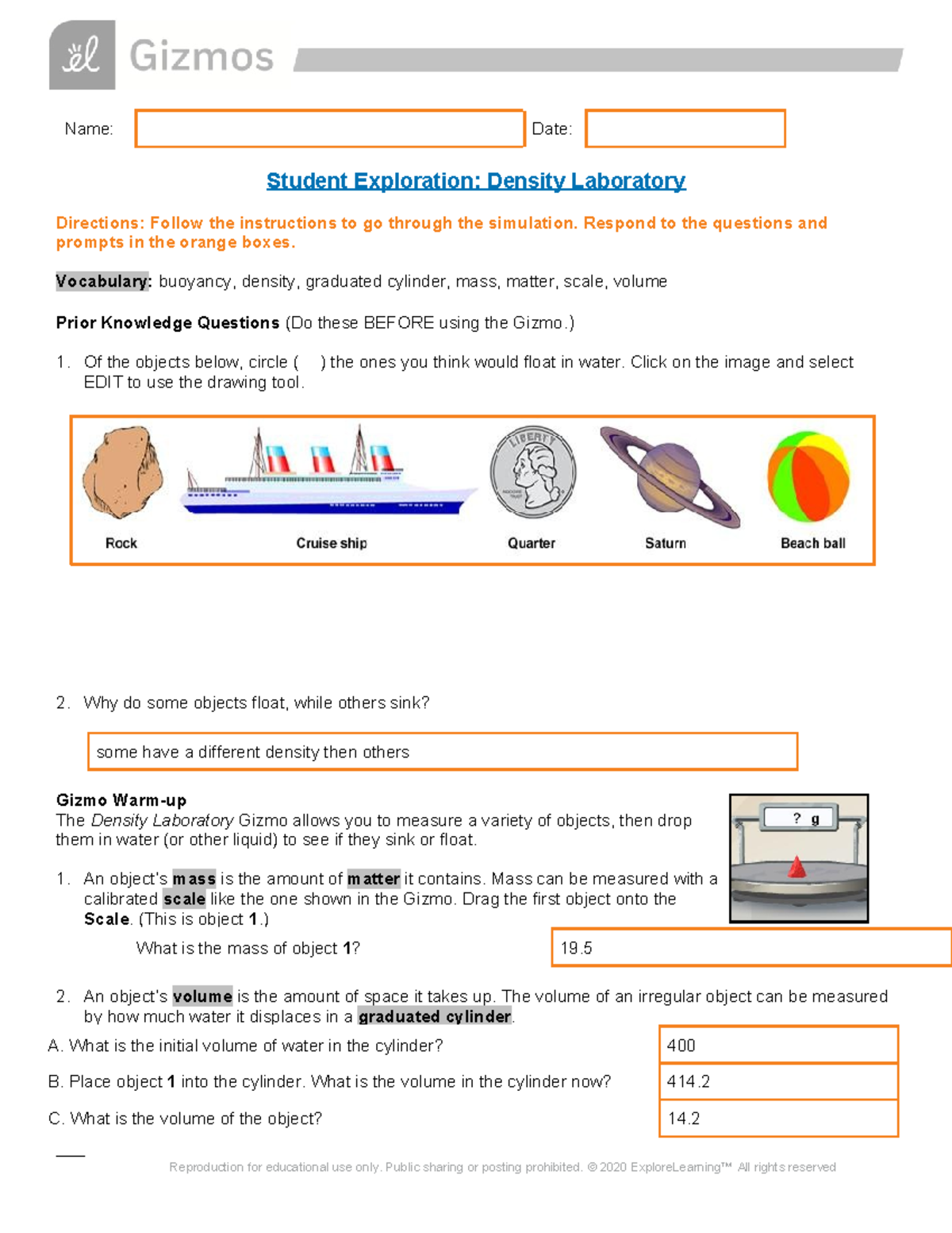Copy of Density Lab Gizmo Exploration (Science 101) - Studocu