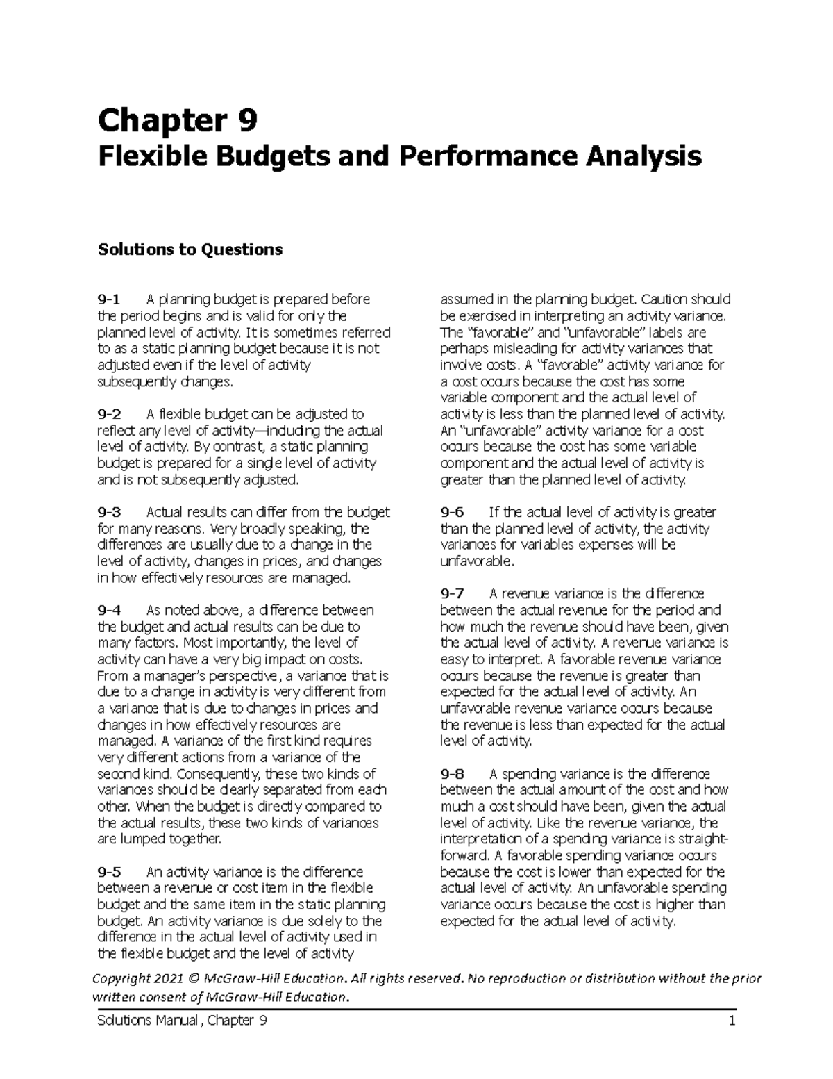 Solutions Manual: Managerial Accounting Chapter 9 - Flexible Budgets ...