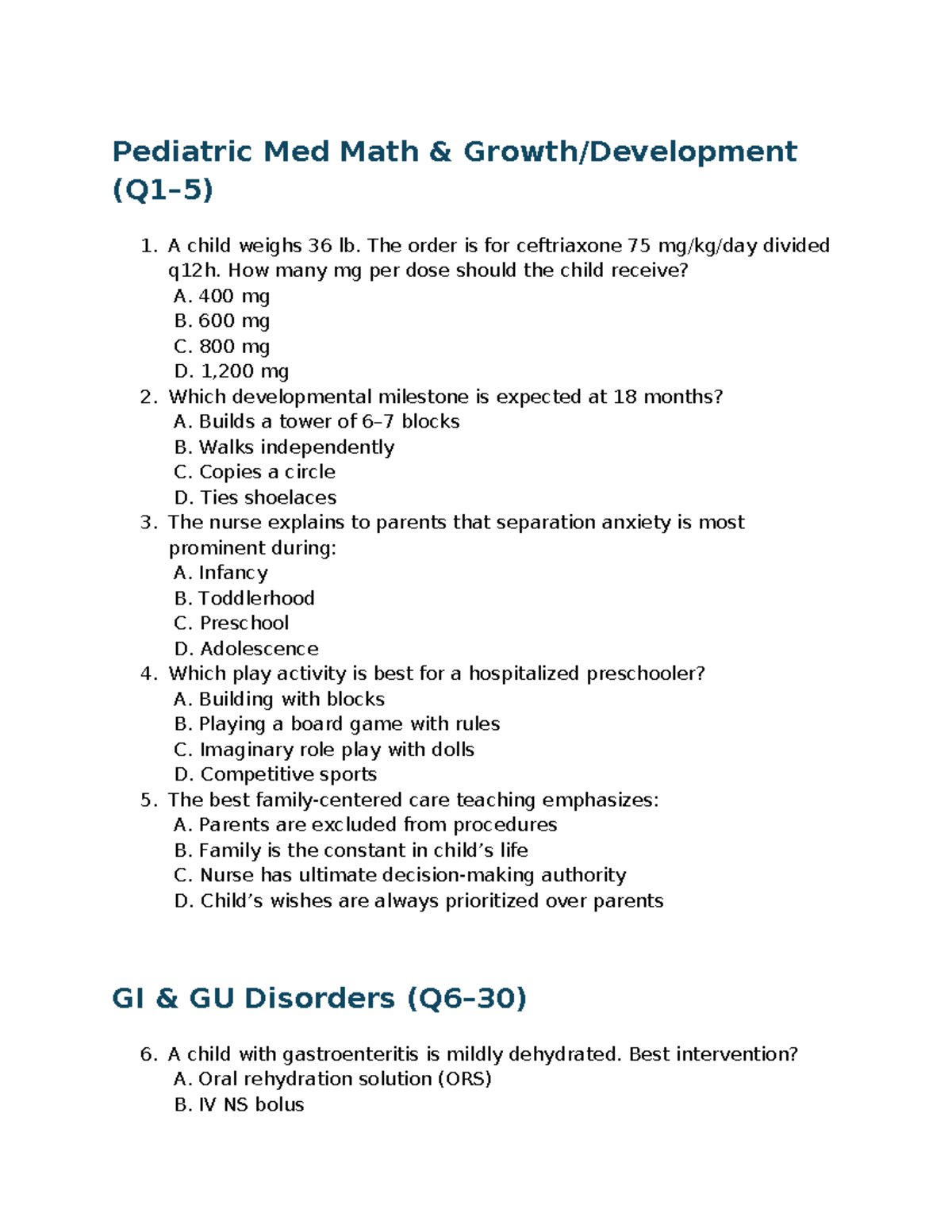 Pediatric Med Math & GI GU Disorders Exam 2 Questions - Studocu