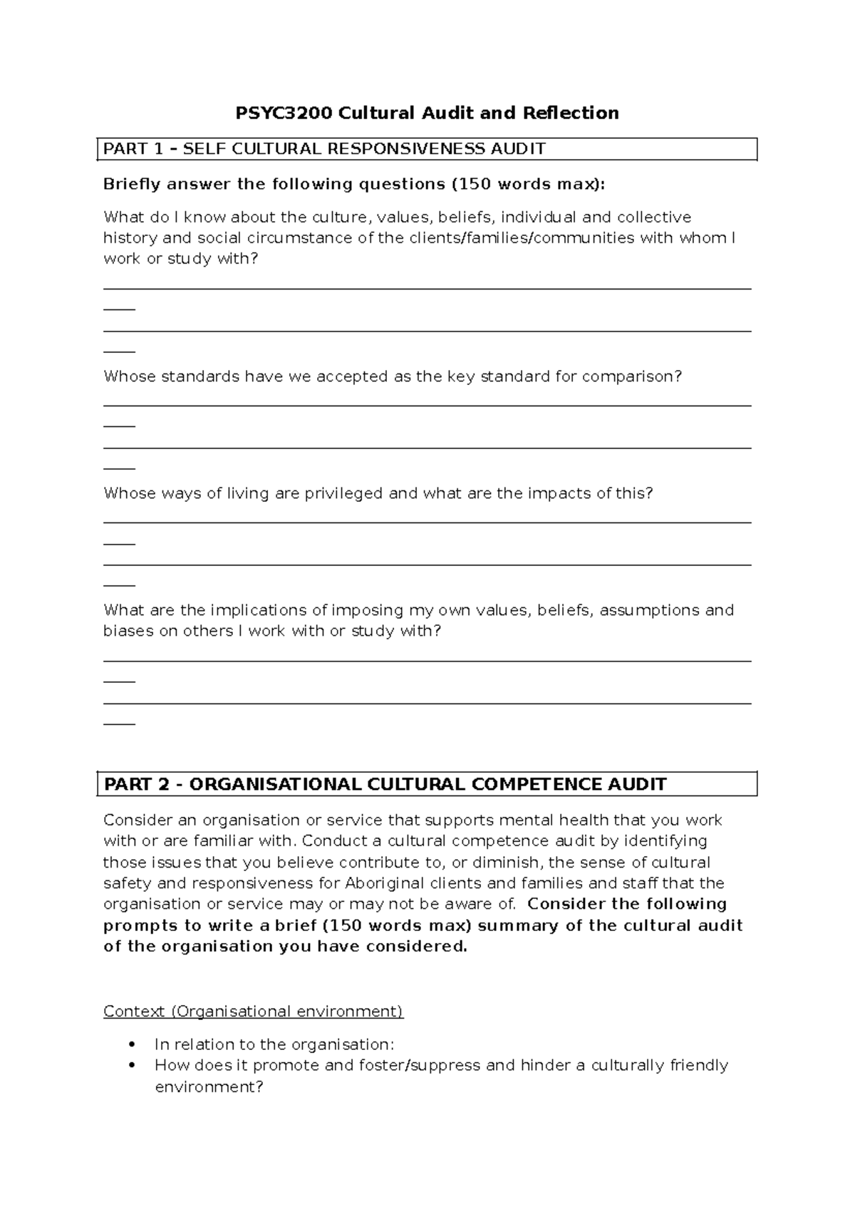 PSYC3200 Cultural Audit Reflection: Self & Organisational Competence ...