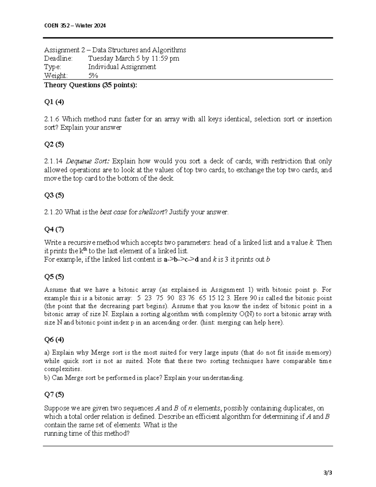 Assignment 2: Data Structures & Algorithms - COEN 352 Winter 2024 - Studocu