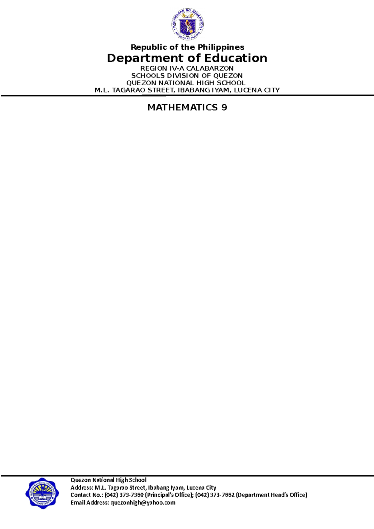 Performance Task Q1 G9 Math: Quadratic Equations Report - Studocu
