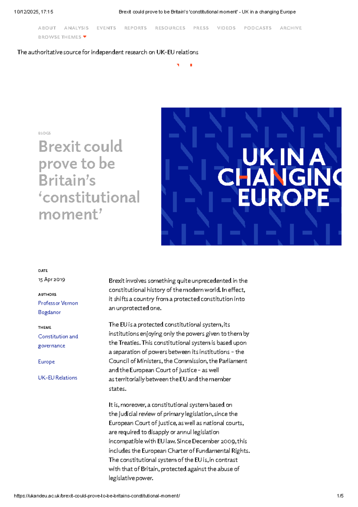 Brexit: A Constitutional Moment for the UK - UK in a Changing Europe ...