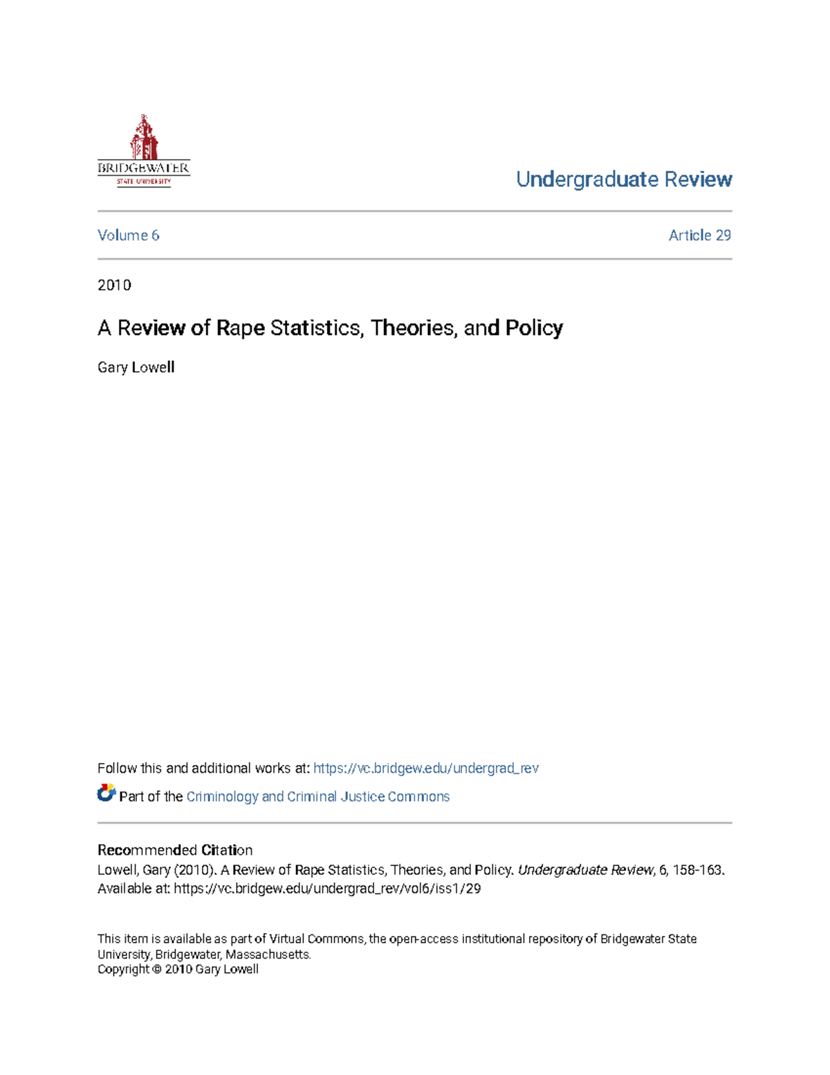 Undergraduate Review 6: Rape Statistics, Theories & Policy Analysis ...