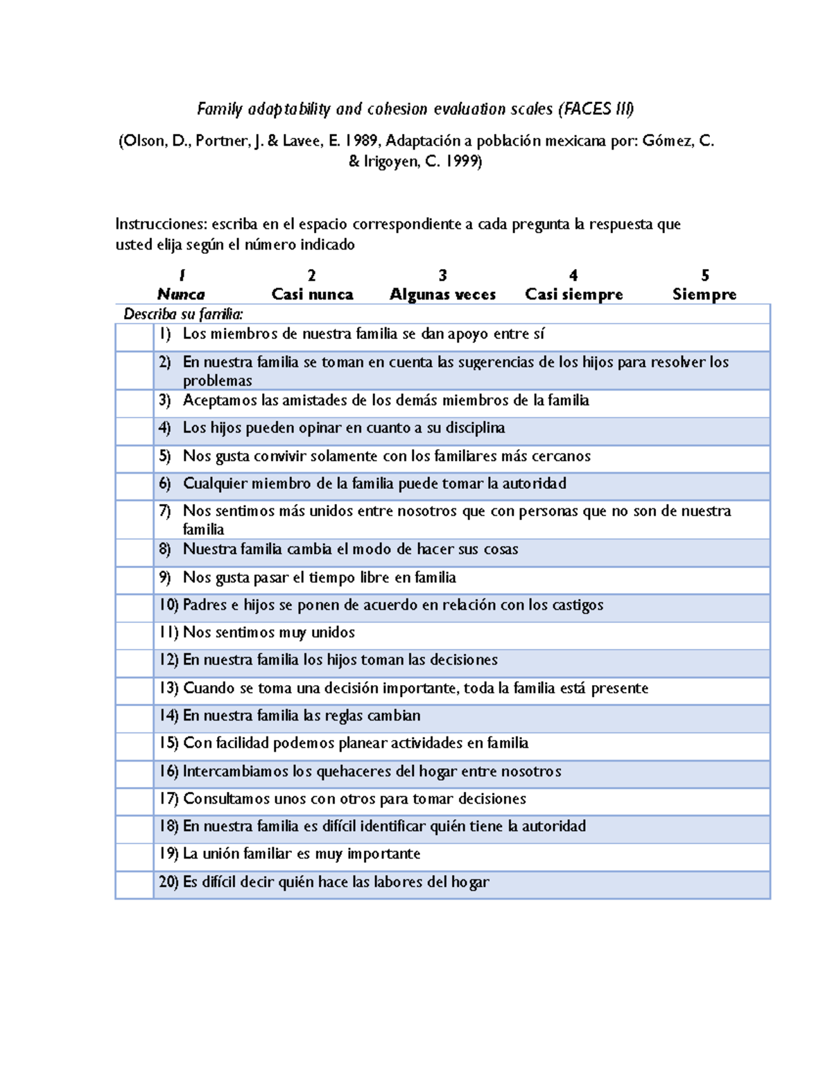 Faces III - MATERIAL - Family adaptability and cohesion evaluation ...