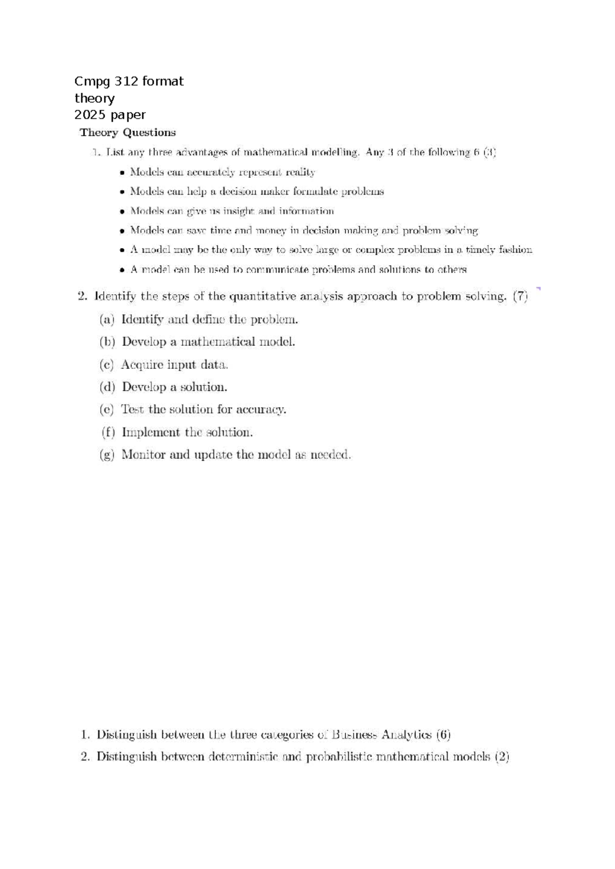 Cmpg 312 Test 1 Notes: Mathematical Modelling & Analytics Concepts ...