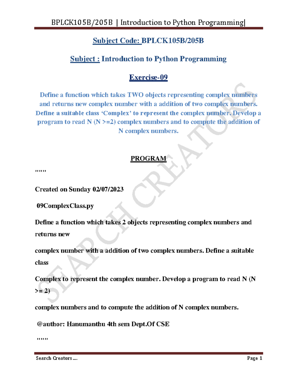 Exercise 09 - BPLCK105B/205B Python Program for Complex Numbers ...