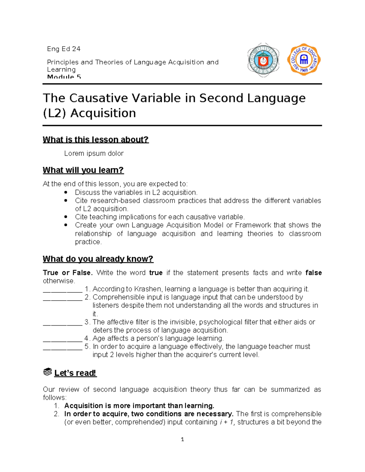 Module 5: Understanding Causative Variables in L2 Acquisition - Studocu
