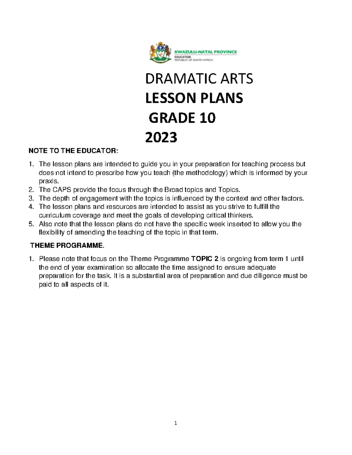 Dramatic Arts Grade 10 Composite Lesson Plans 2023 - Studocu