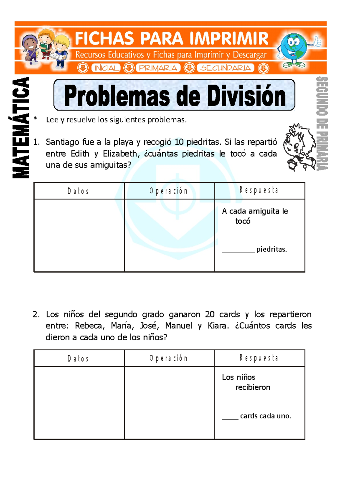 Ficha de Problemas de Division para Segundo de Primaria - O p e r a c i ...
