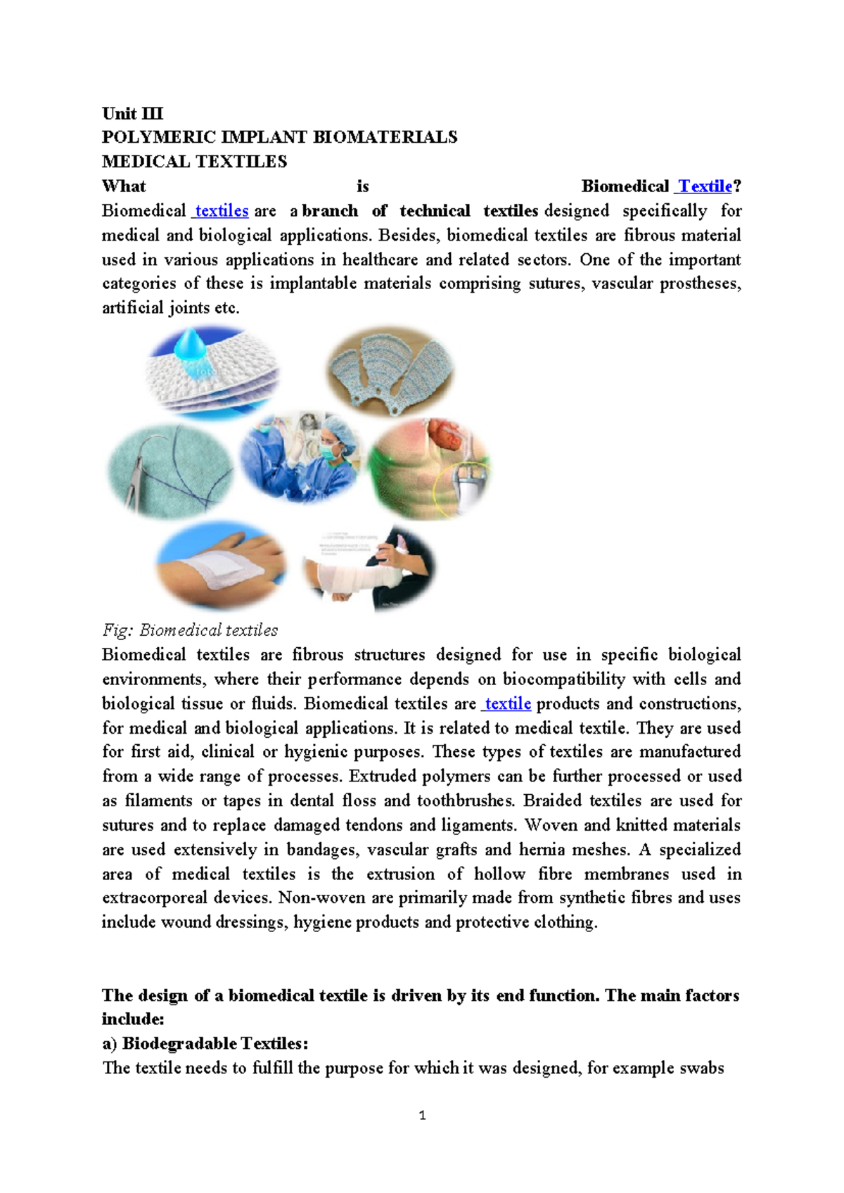 Unit III BME - Biomedical Textiles and Polymer Implant Applications ...