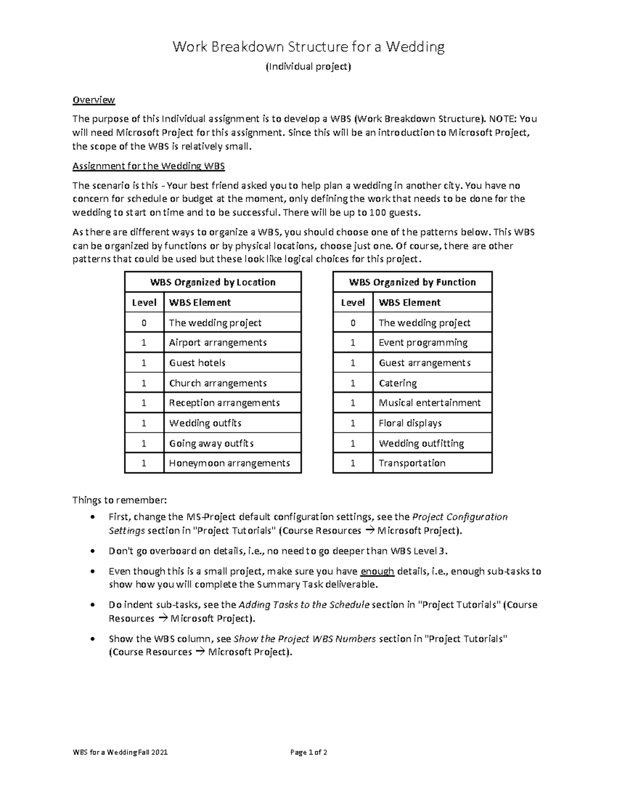 WBS Project for Wedding Planning (Fall 2021) - Individual Assignment ...