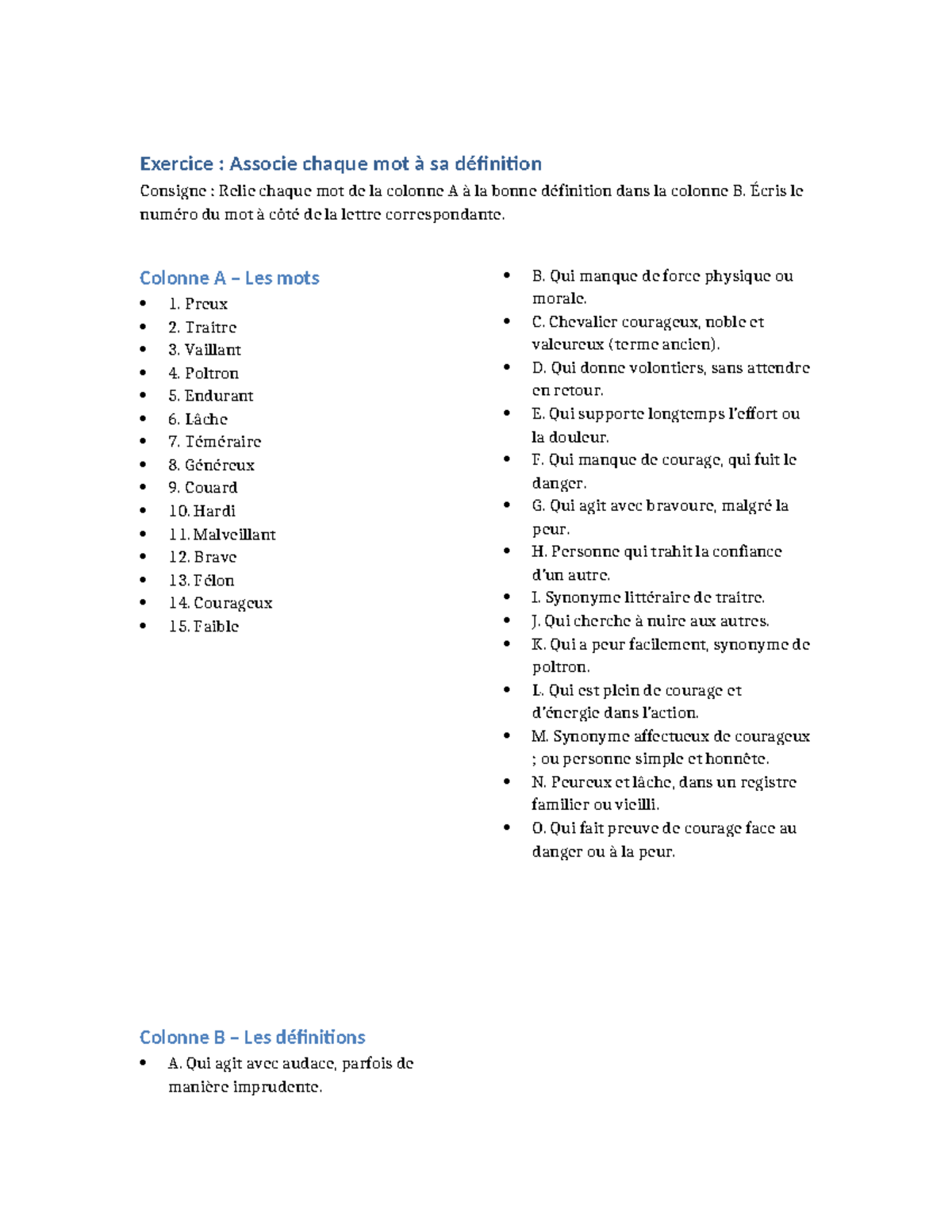 Exercice : Mots et Définitions - Associe les Termes (Français) - Studocu