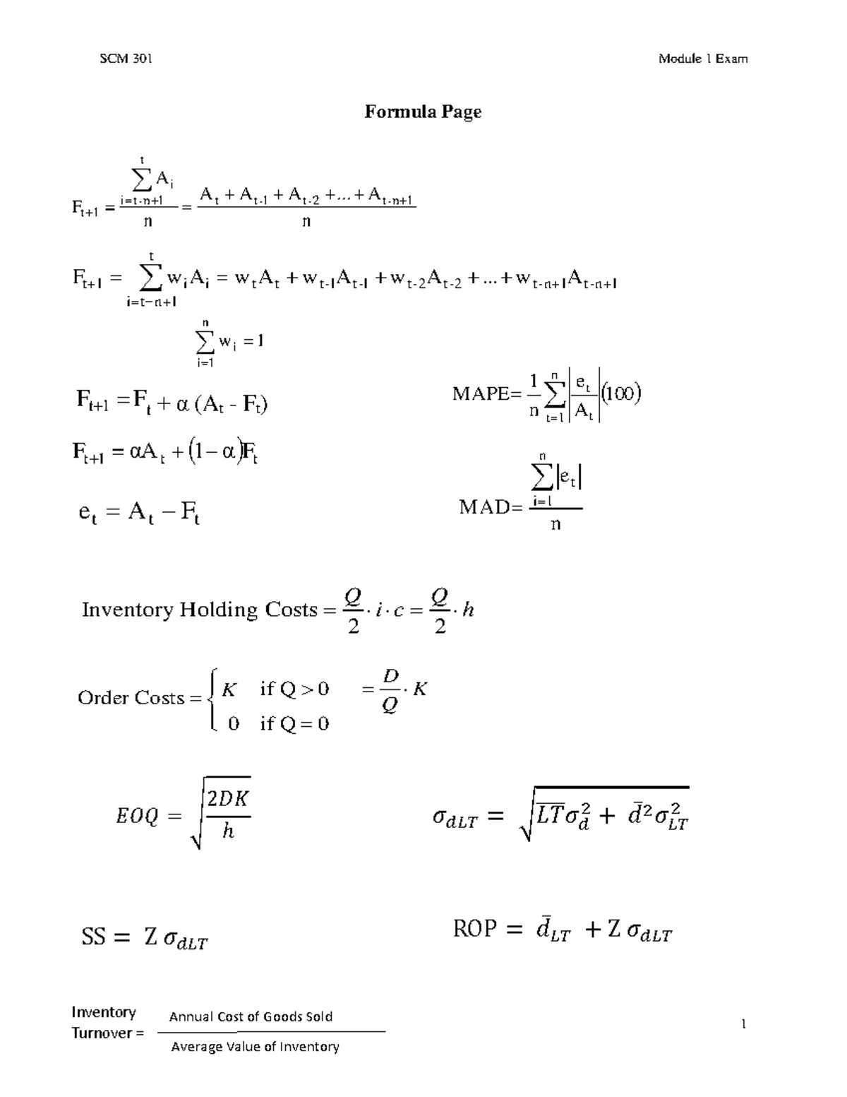 SCM 301 Exam 1 Formula Sheet - SCM 301 Module 1 Exam 1 Formula Page n A ...