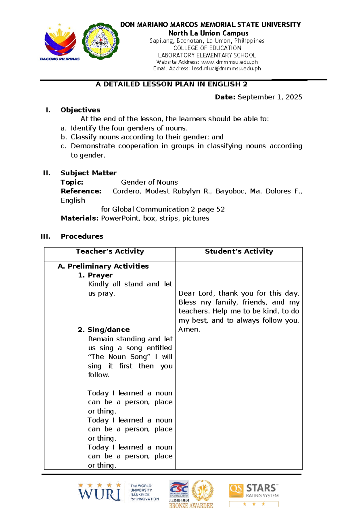 Detailed Lesson Plan: English 2 - Gender of Nouns - Studocu