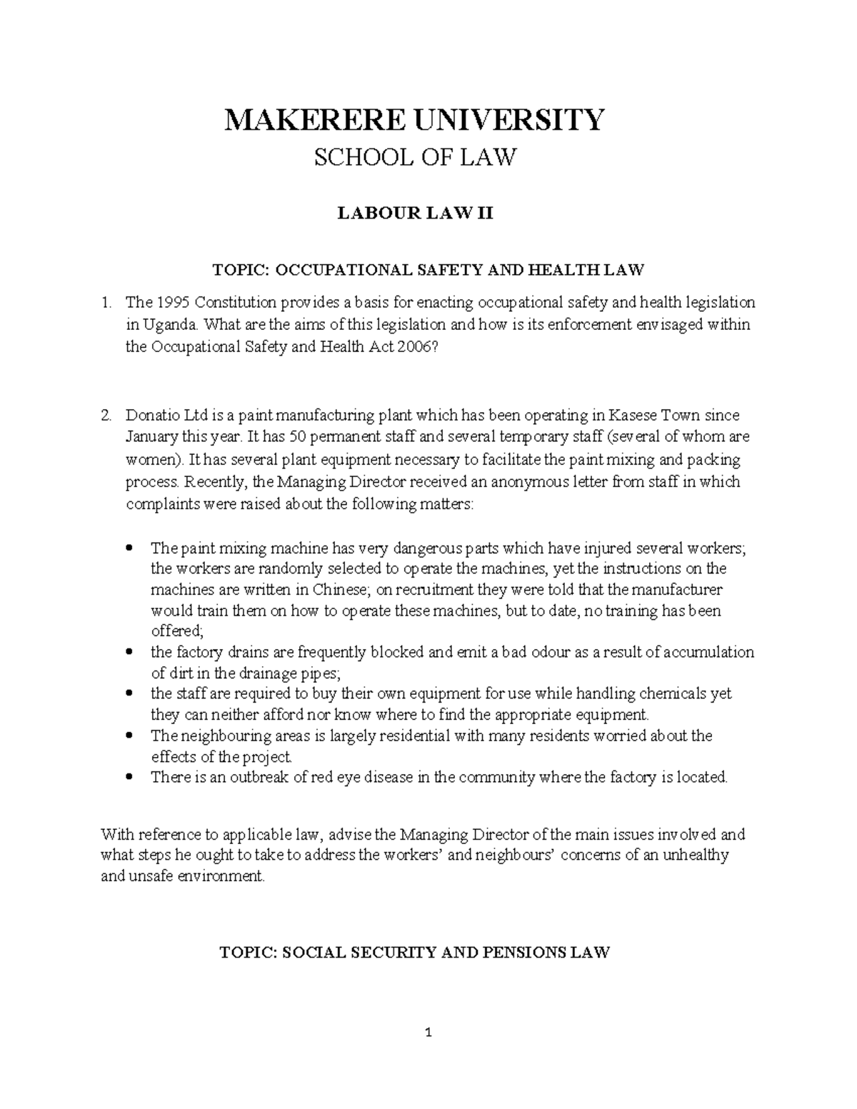 Labour Law II Tutorial Questions on Occupational Safety & Health 2025 ...
