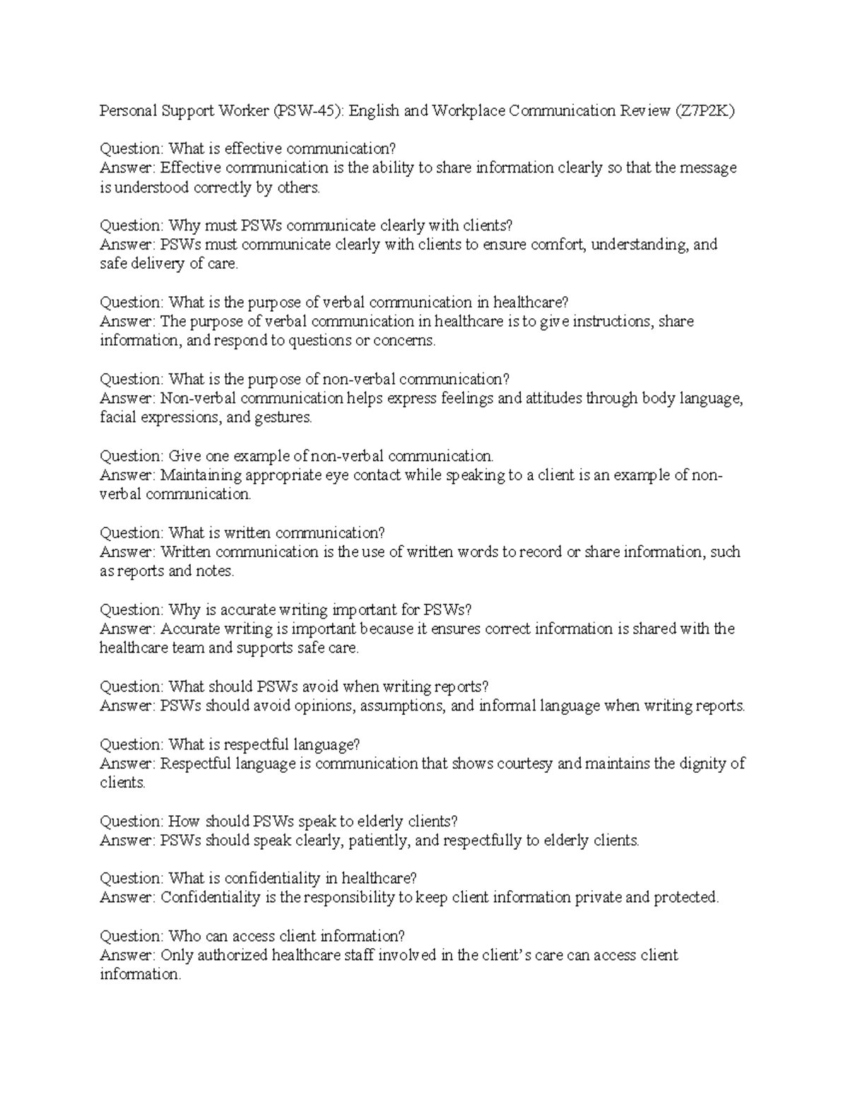 PSW English & Workplace Communication Review (Z7P2K) - Studocu