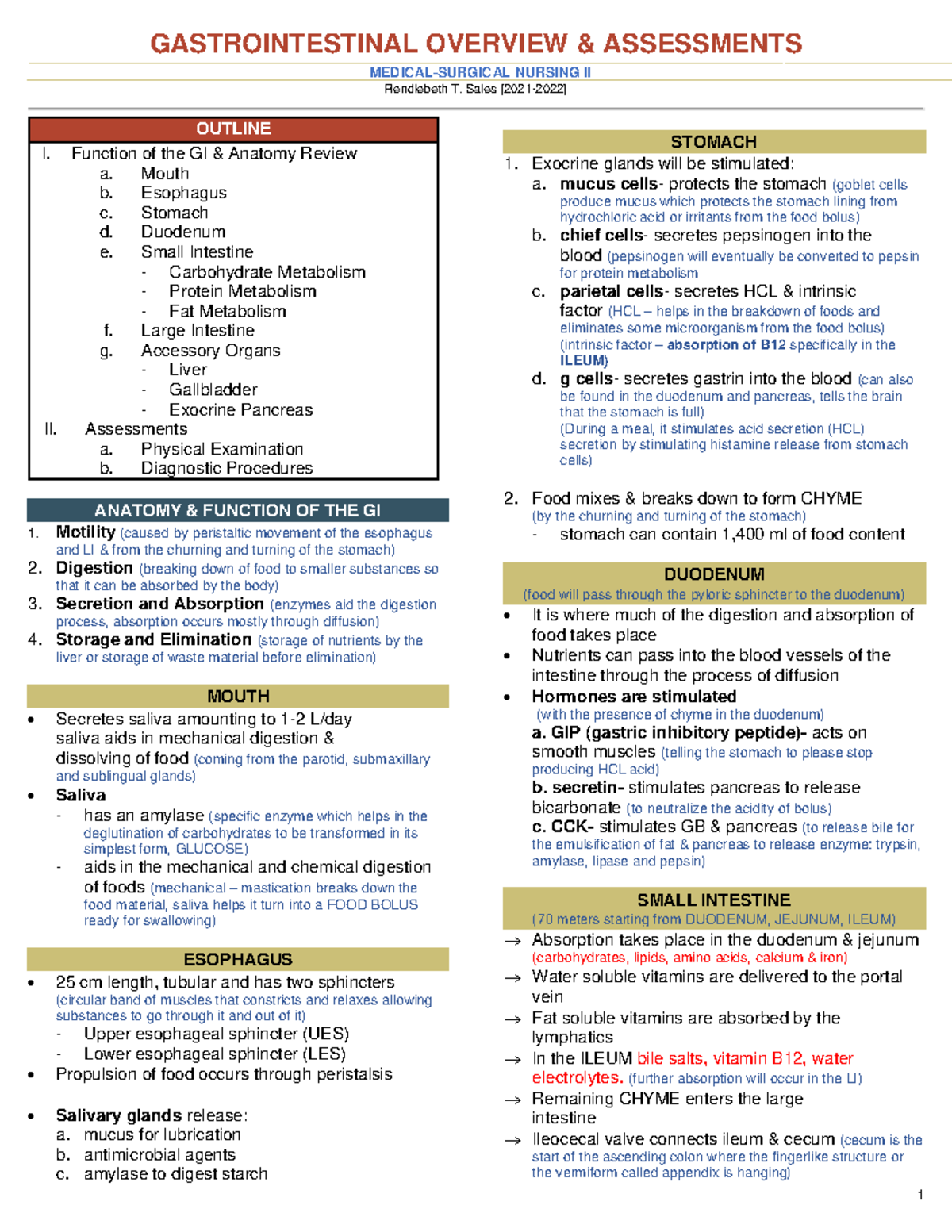 1) Gastrointestinal Overview - GASTROINTESTINAL OVERVIEW & ASSESSMENTS ...