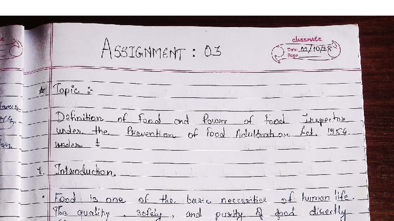 Assignment 03: Food Definition & Inspector Powers under PFA Act, 1954 ...