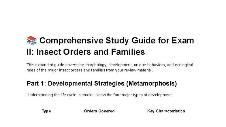 Comprehensive Study Guide for Exam II: Insect Orders & Families - Studocu