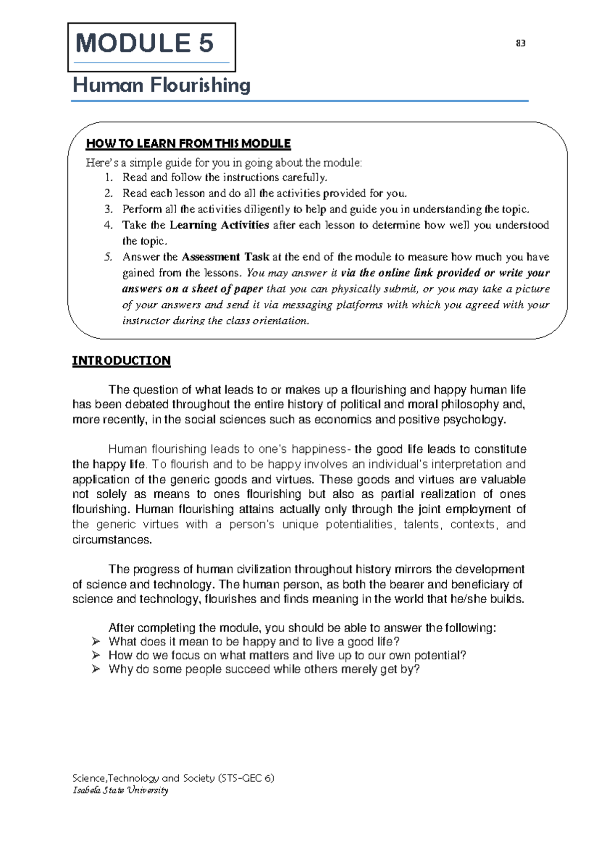 STS Module 5: Exploring Human Flourishing in Science and Technology ...