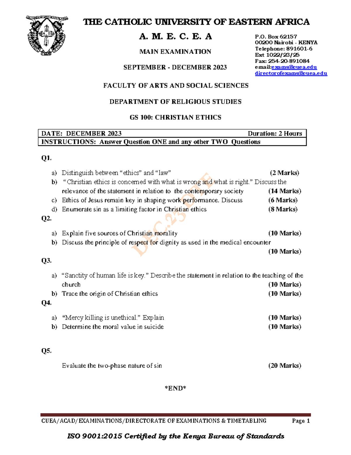 GS100: Past Examination Papers on Christian Ethics (2023 - 2018) - Studocu