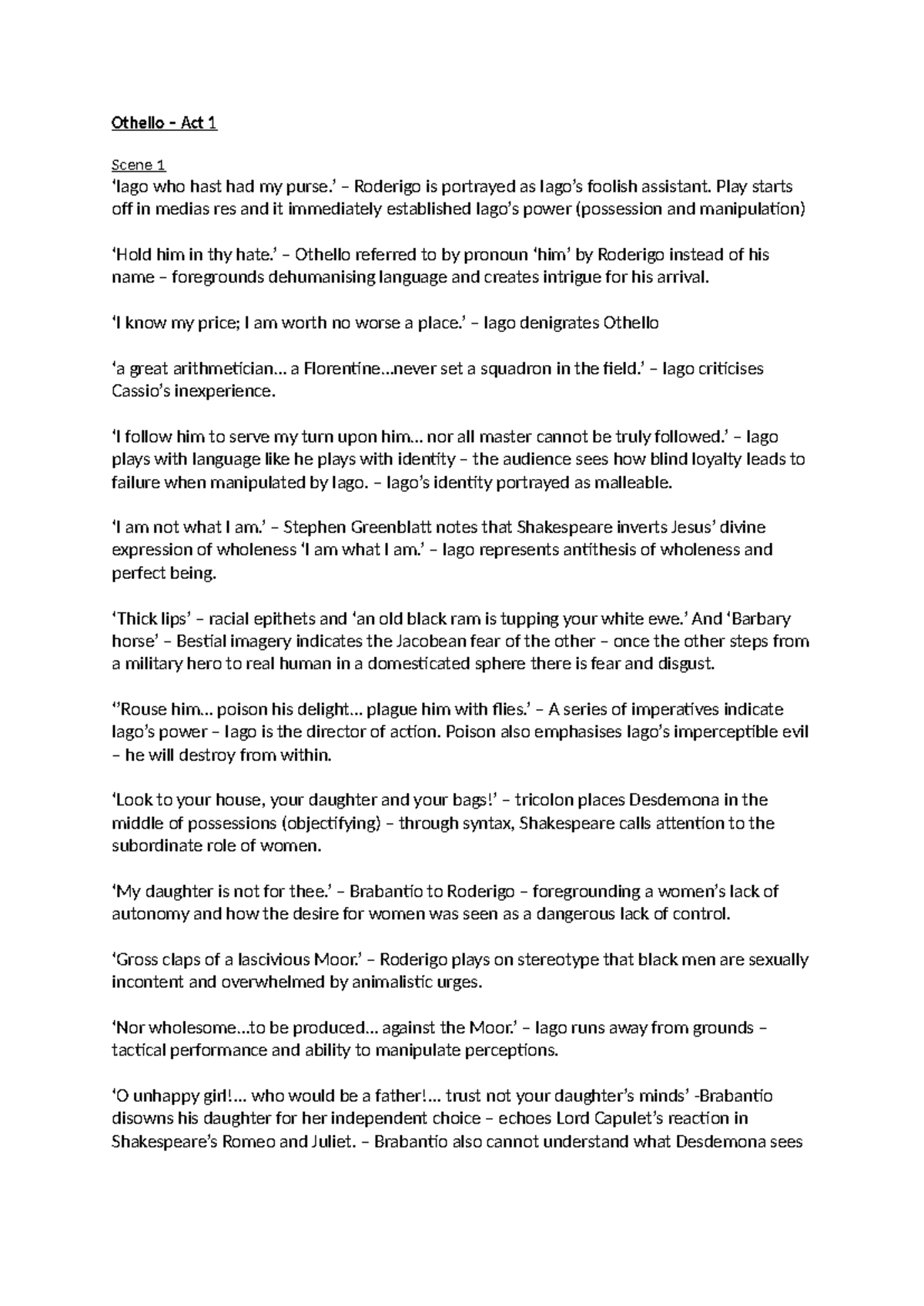 Othello quote analysis - act 1 - Othello – Act 1 Scene 1 ‘Iago who hast ...