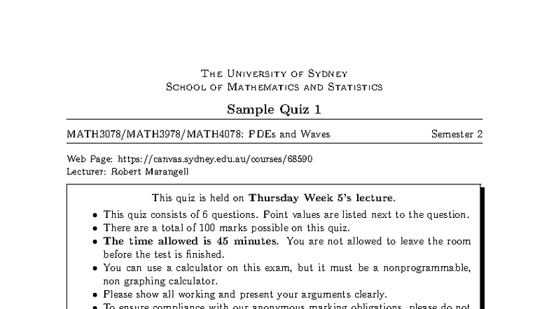Sample Quiz 1: PDEs and Waves (MATH101) - Semester 2 - Studocu