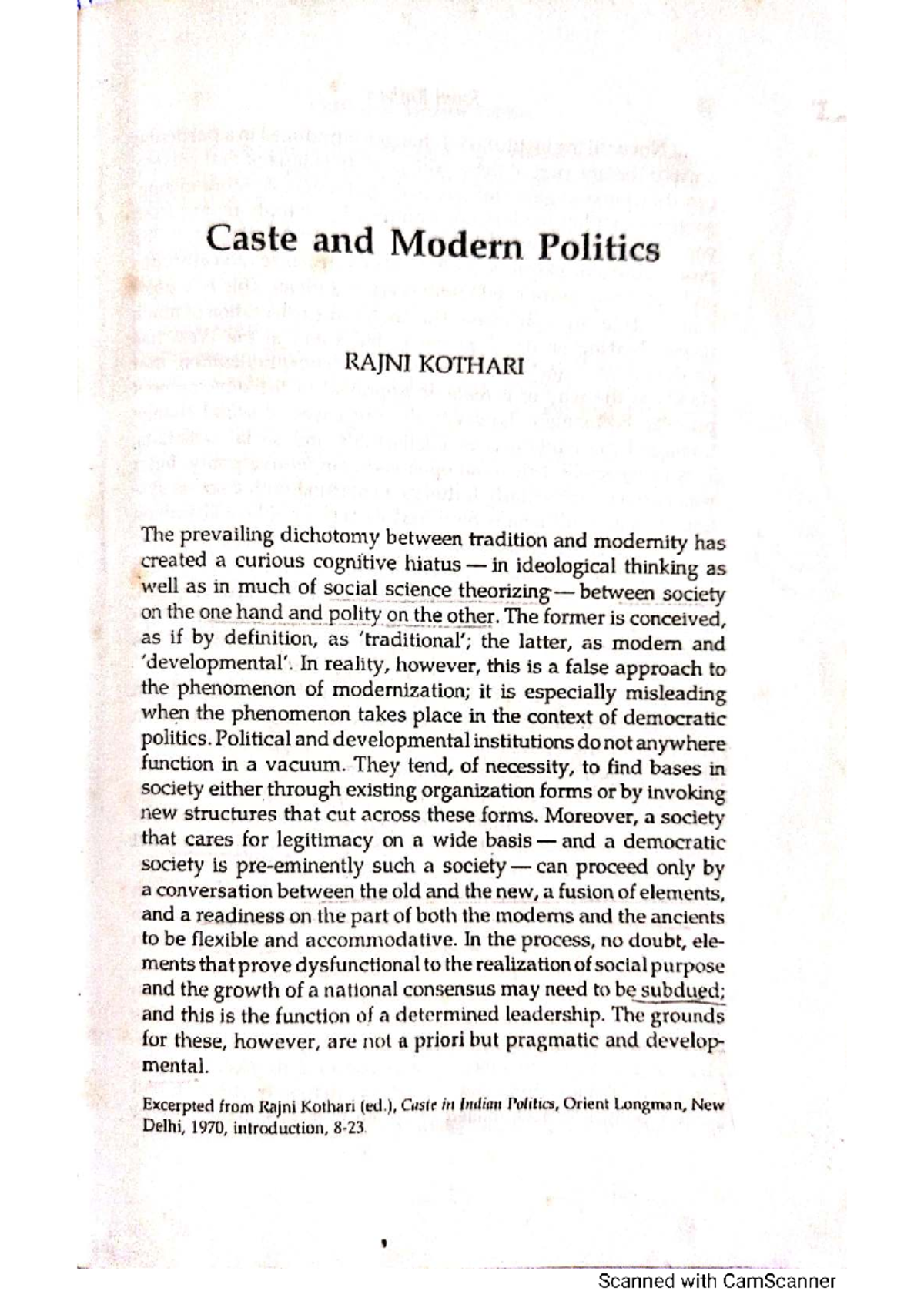 Caste and Modern Politics: Analyzing Rajni Kothari's Insights - Studocu